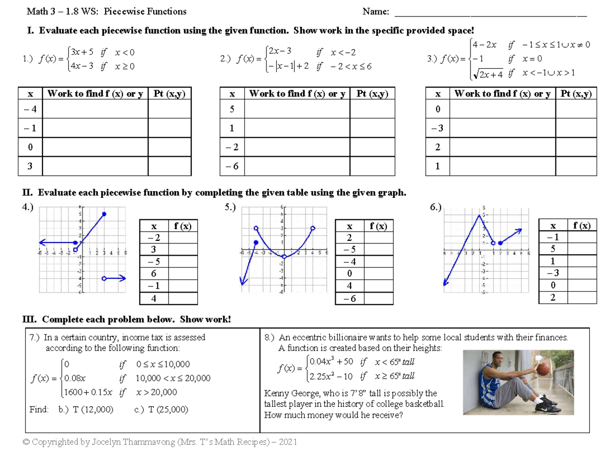 Math 3 1.8 WS: Evaluating Piecewise Functions and Applications - Studocu