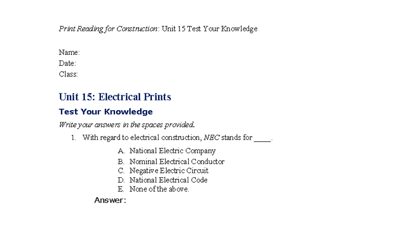 Construction Print Reading: Unit 15 Homework & Knowledge Check - Studocu