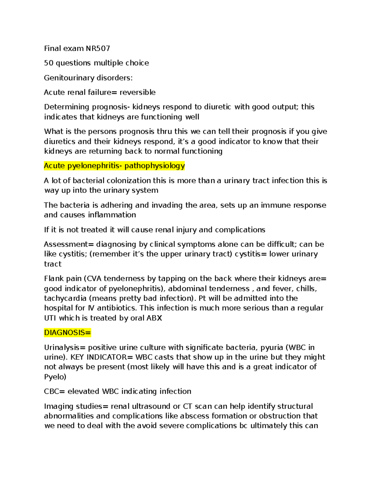 Final Exam NR507 - Comprehensive Study Guide on Genitourinary & GI ...