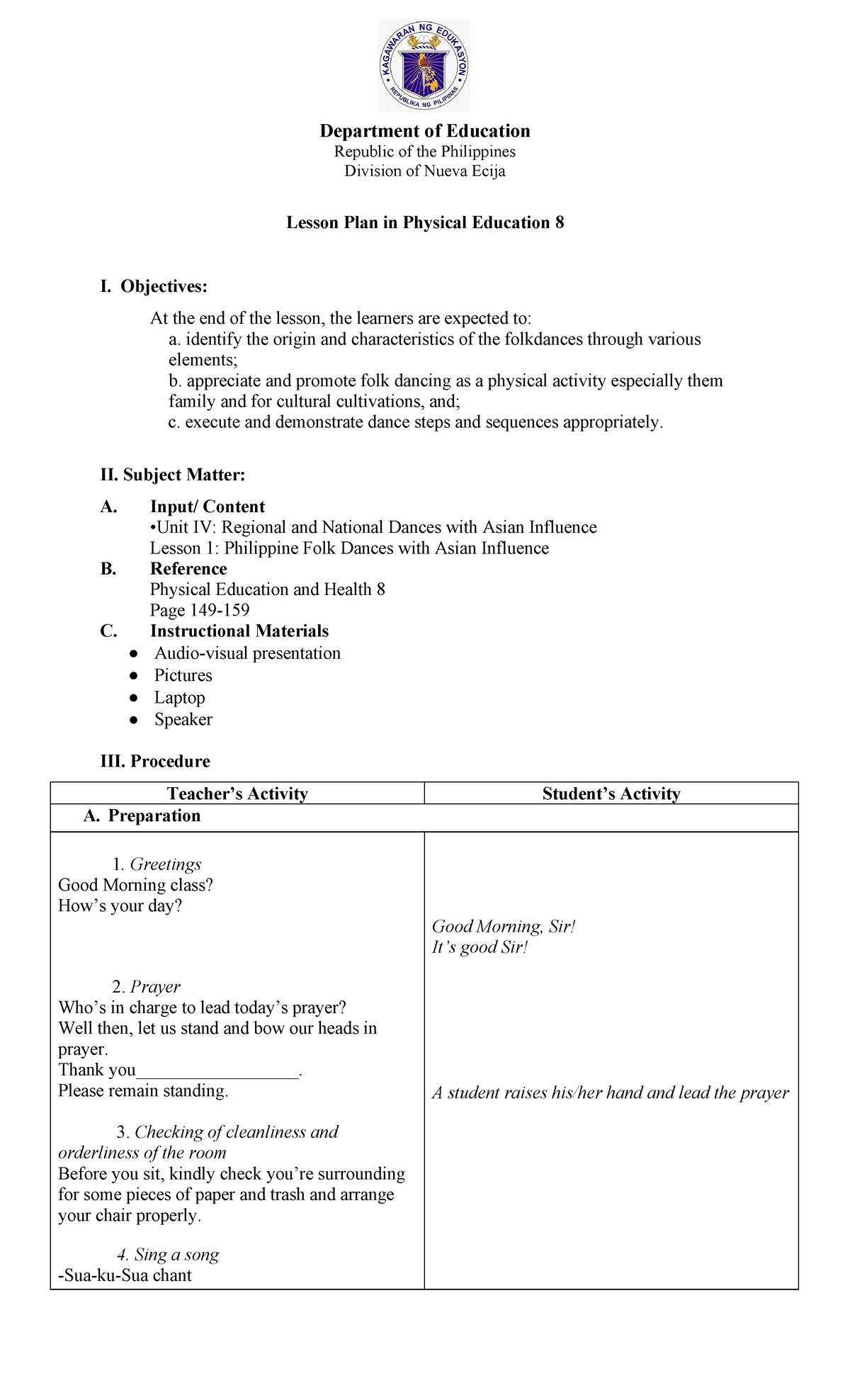 Detailed Lesson Plan: Physical Education 8 - Philippine Folk Dances ...