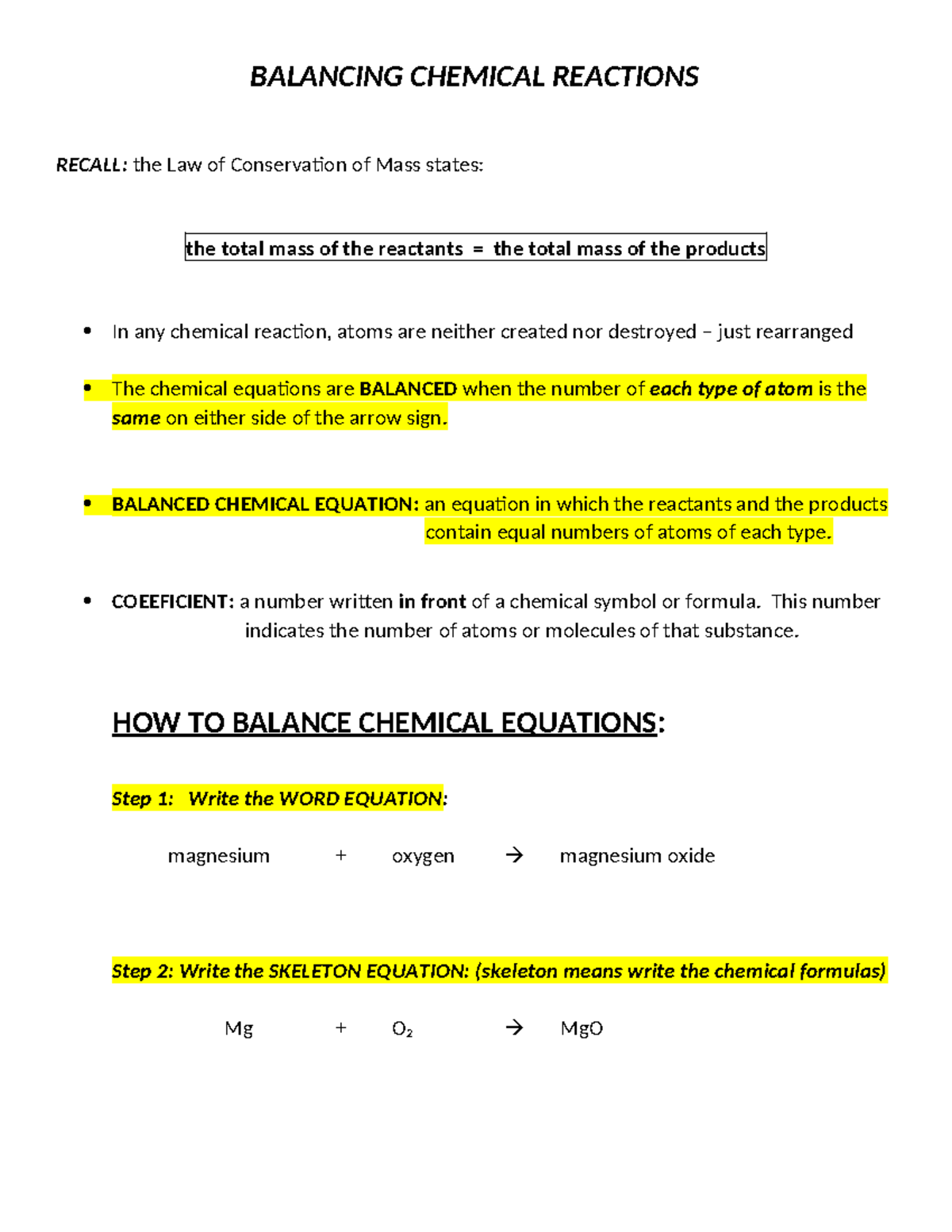 CHEM 101: Balancing Chemical Reactions Handout - 2020 - Studocu