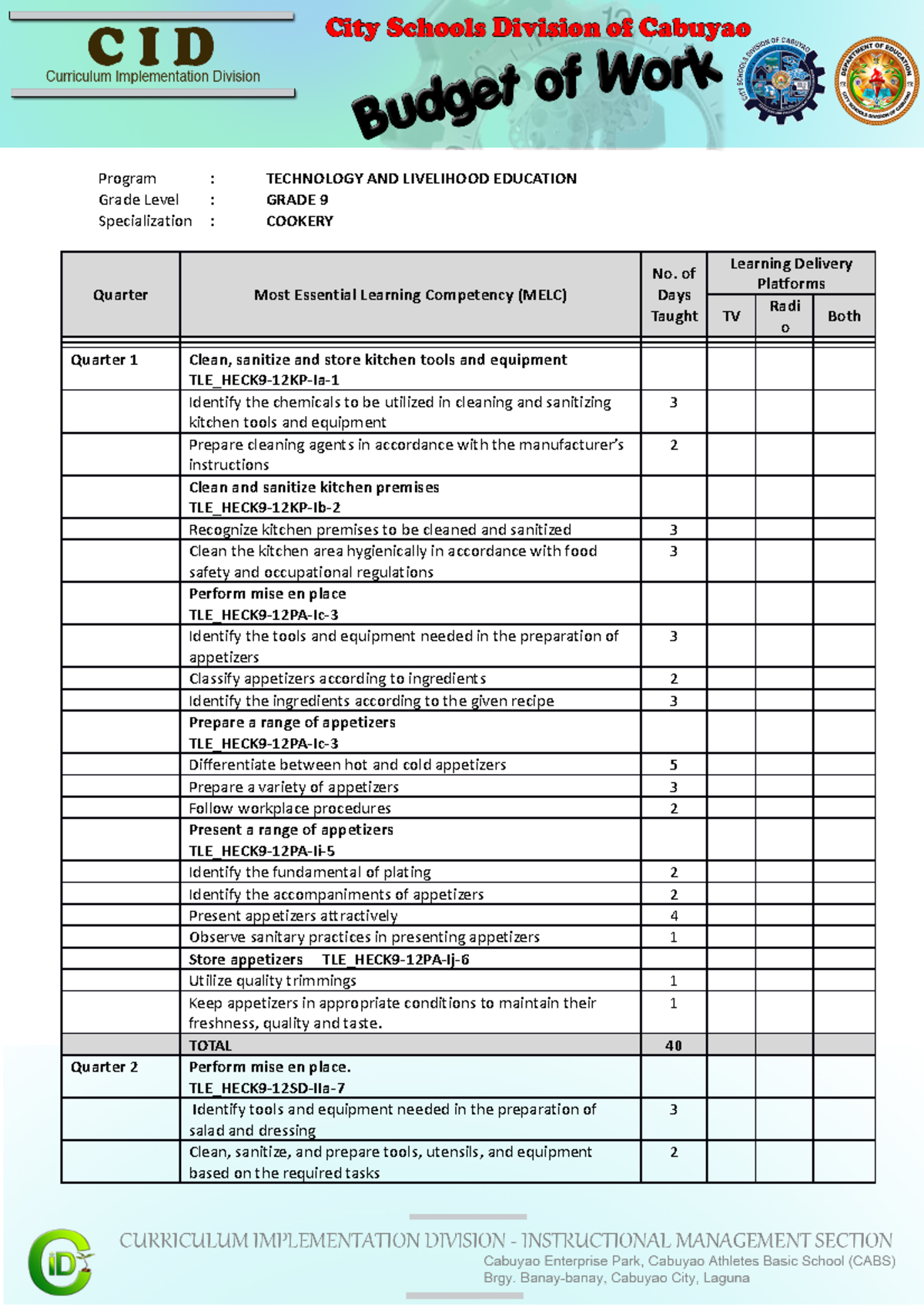 BOW Cookery 9 Complete - Detailed Work Budget Overview - Studocu