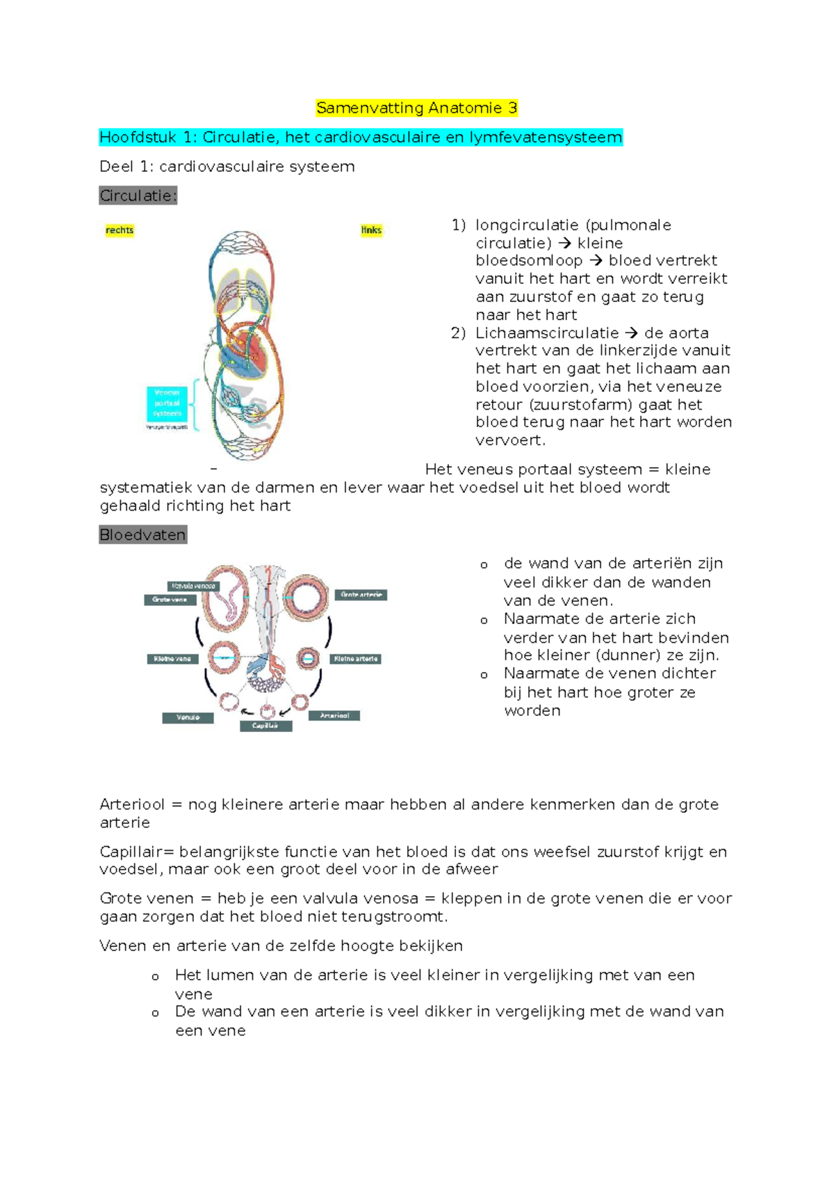 Samenvatting Anatomie 3: Hoofdstuk 1 - Circulatie en Lymfesysteem - Studocu