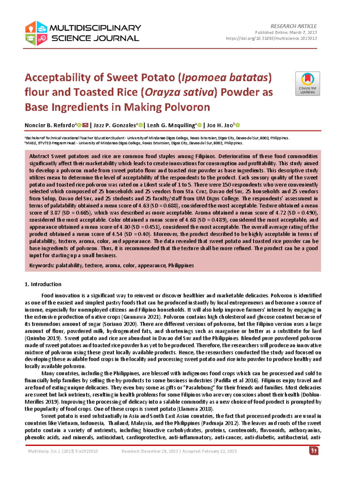 Acceptability Study of Sweet Potato and Toasted Rice Polvoron (BTVTED ...