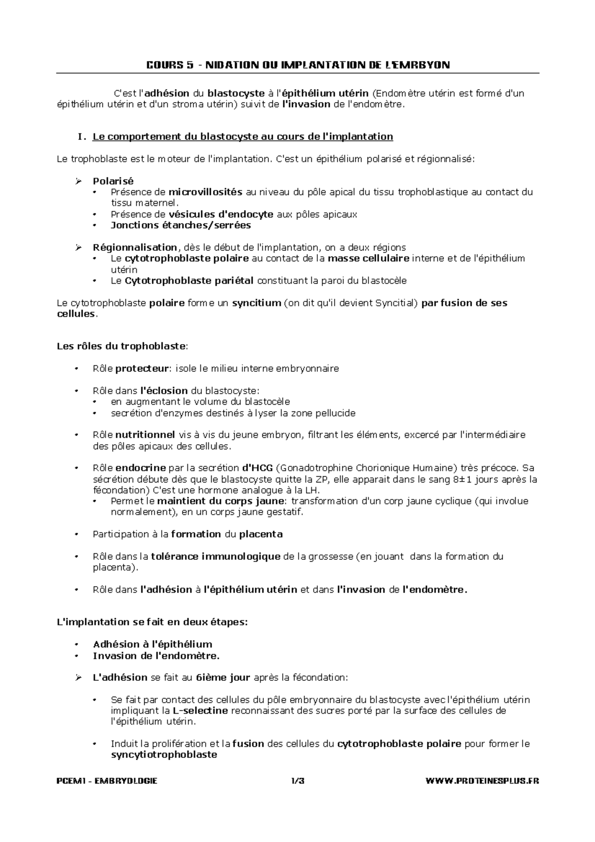 Embryologie 5 - La nidation - Cours 5 – Nidation ou Implantation de l ...