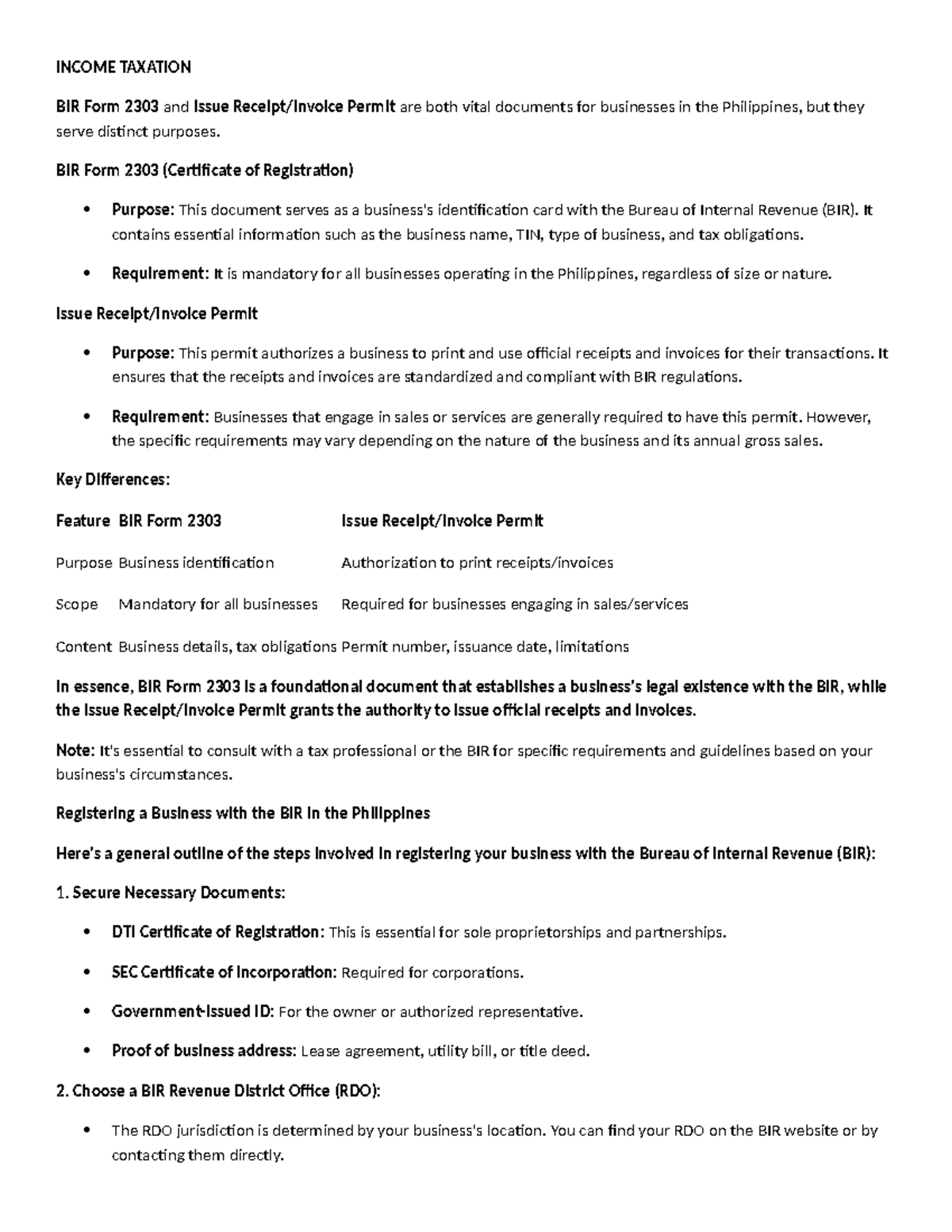 Income Taxation (BIR-2303) - Overview of BIR Forms and Their Uses - Studocu