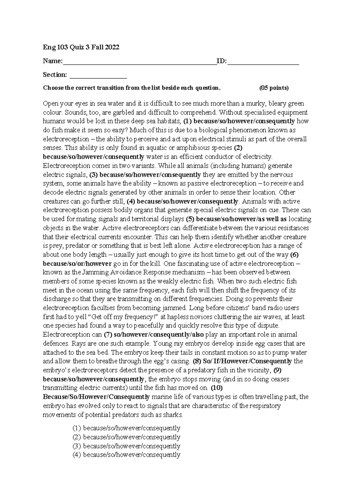 Eng 103 Transition quiz practice - Eng 103 Quiz 3 Fall 2022 Name ...