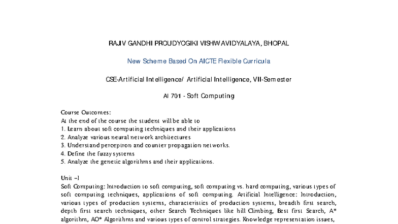 AI 701 Soft Computing Course Outcomes and Key Concepts - Studocu