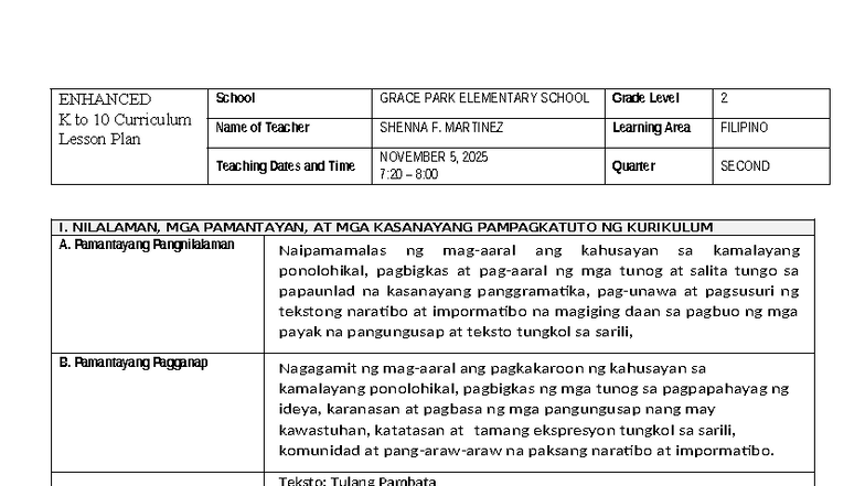 Filipino Q2 Lesson Plan: Salitang Magkakatugma at Klaster - Studocu