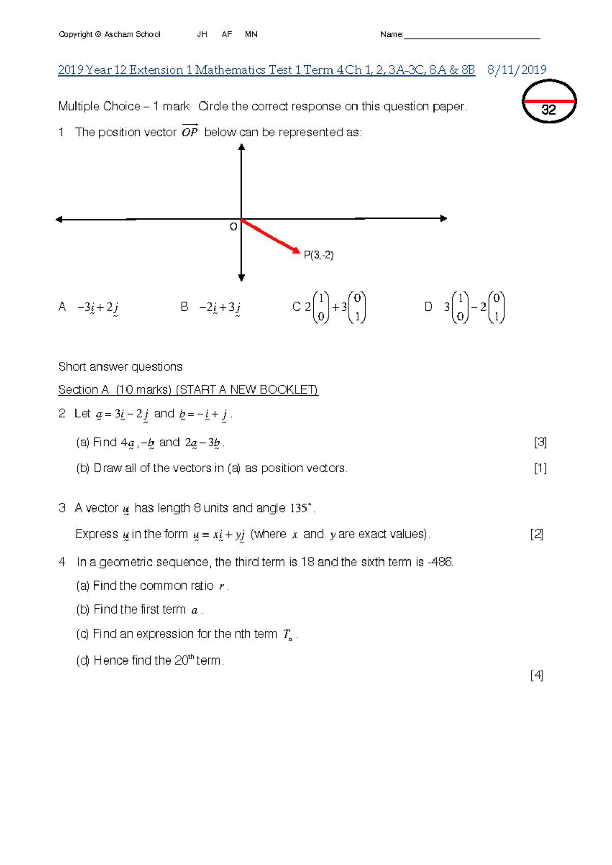 2019 JH AF MN Year 12 Ext 1 Math Test 1 Term 4 MCQ & Short Answer - Studocu