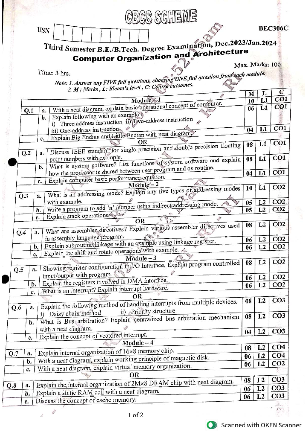 CBCS BEC306C Third Sem Exam: Computer Organization & Architecture - Studocu