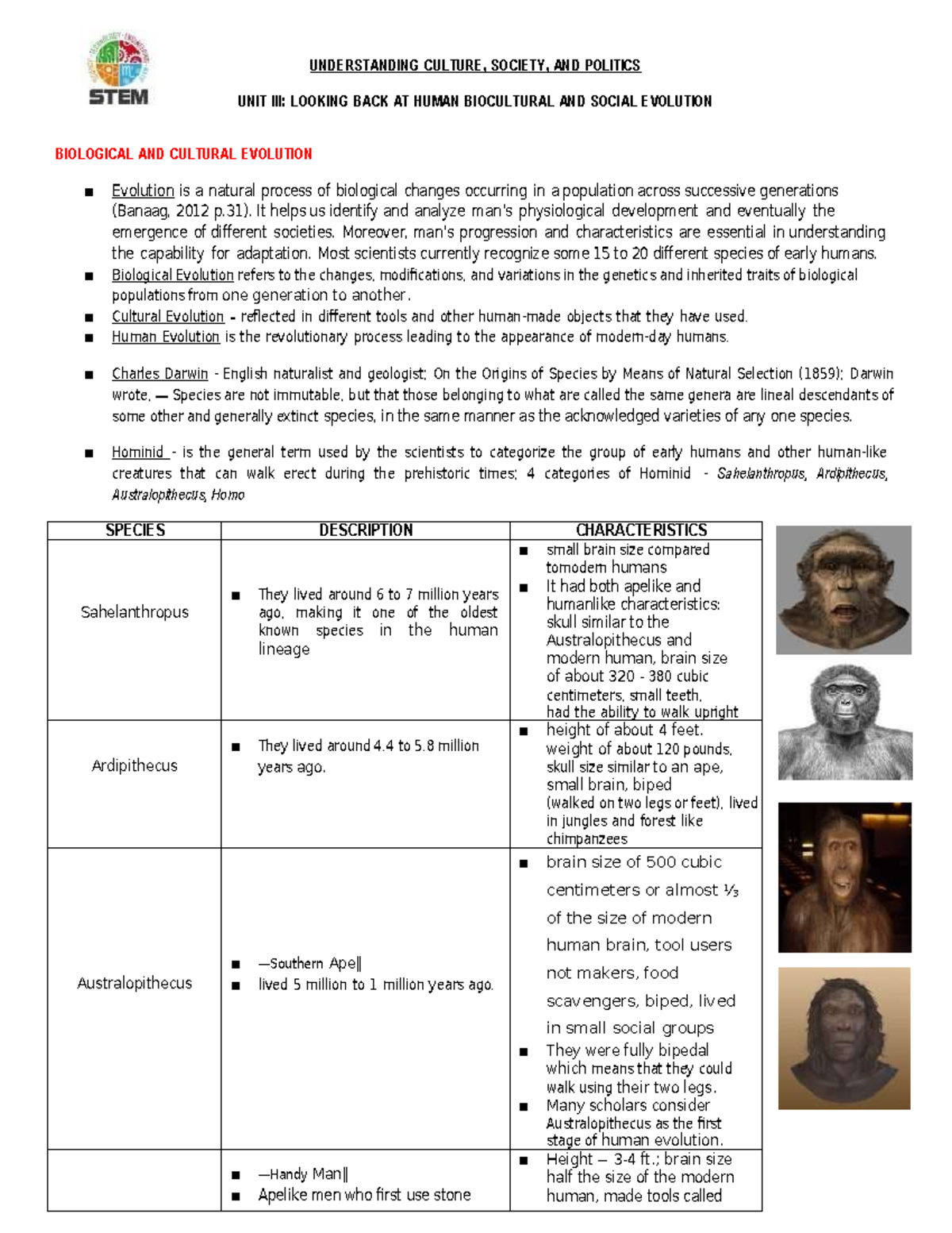 UCSP - Unit III: Exploring Human Biocultural and Social Evolution - Studocu