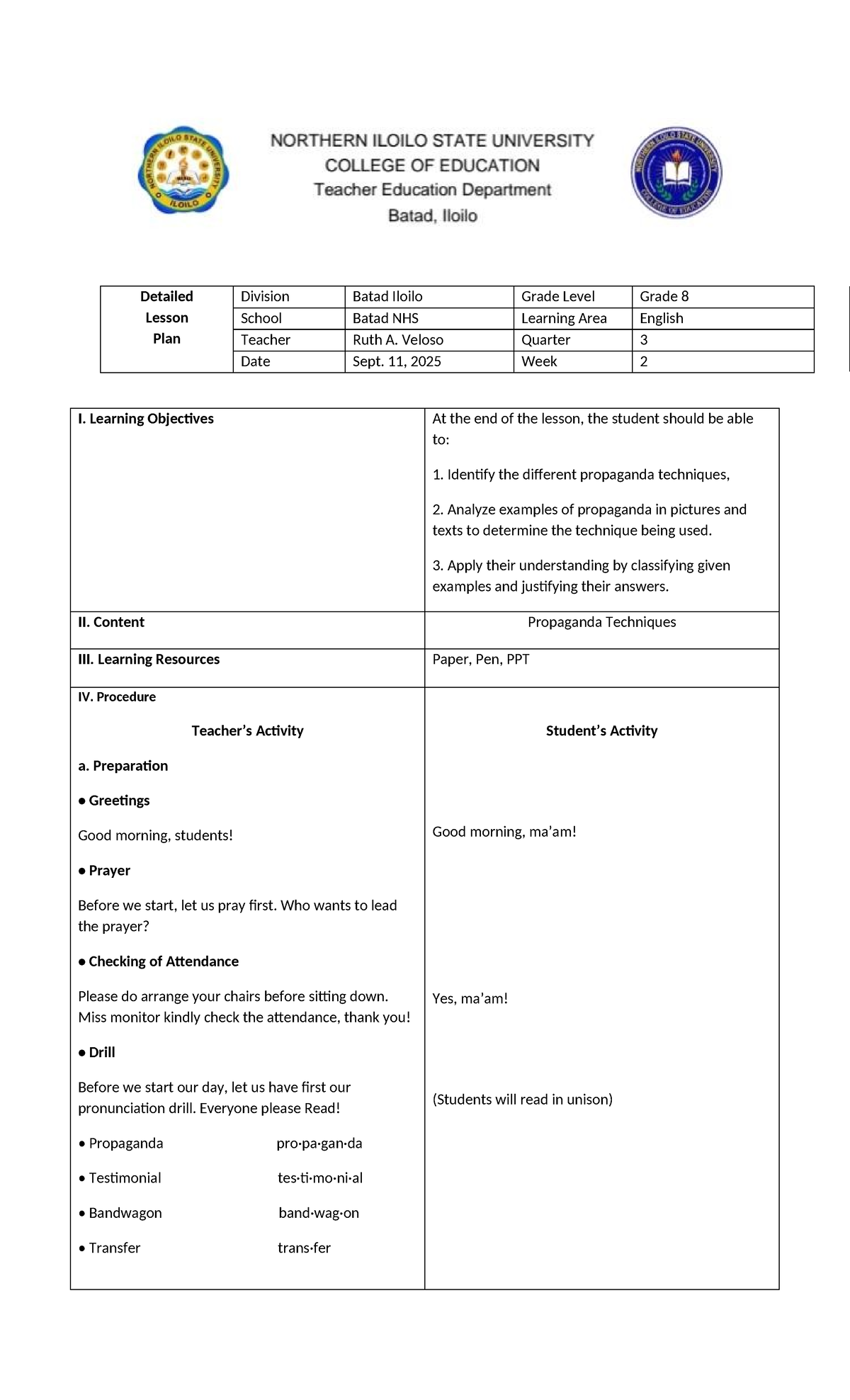 Final Demo Lesson Plan: Propaganda Techniques (Grade 8 English) - Studocu