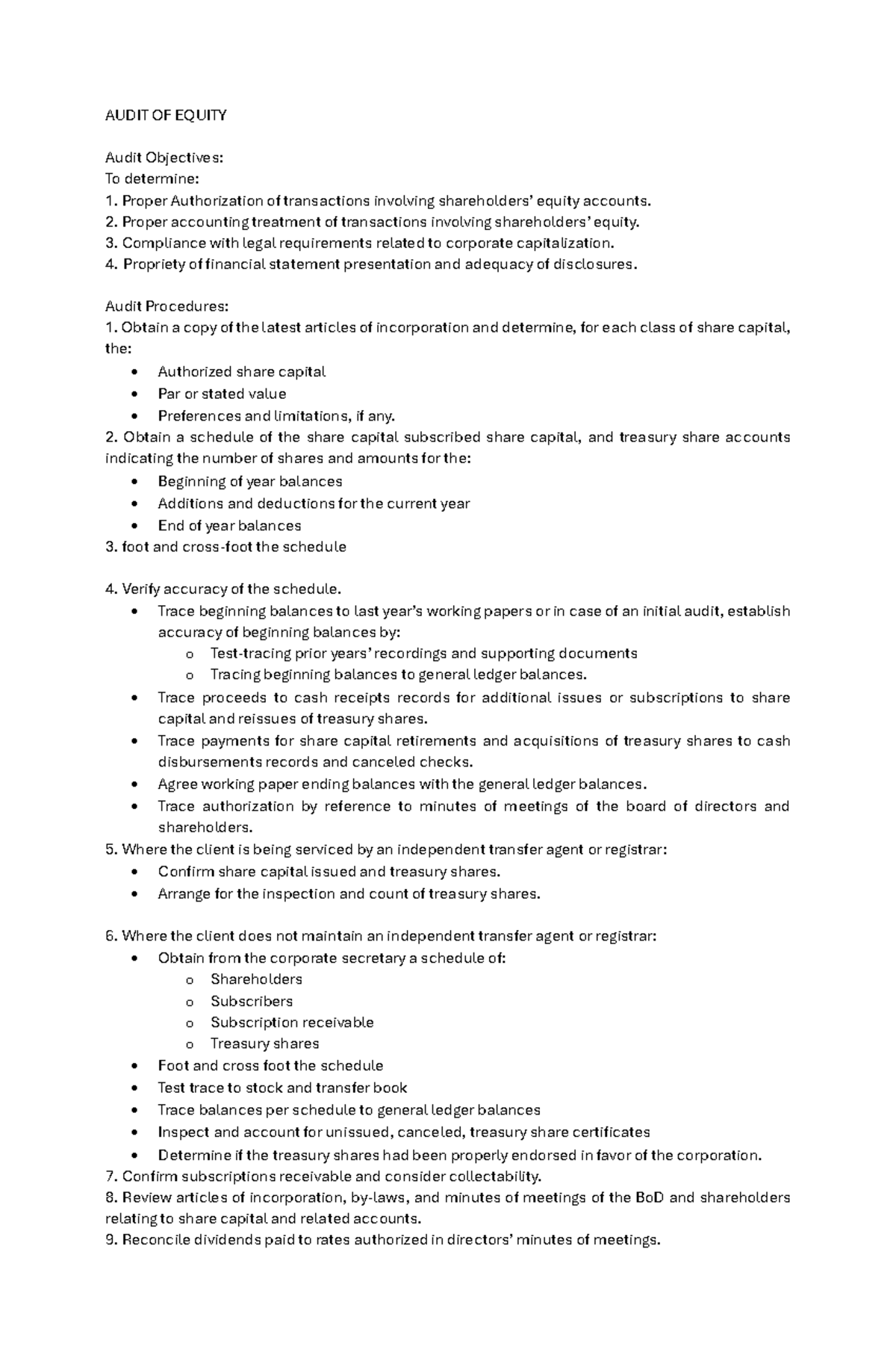 Audit-OF- Equity - Sample problems - AUDIT OF EQUITY Audit Objectives ...