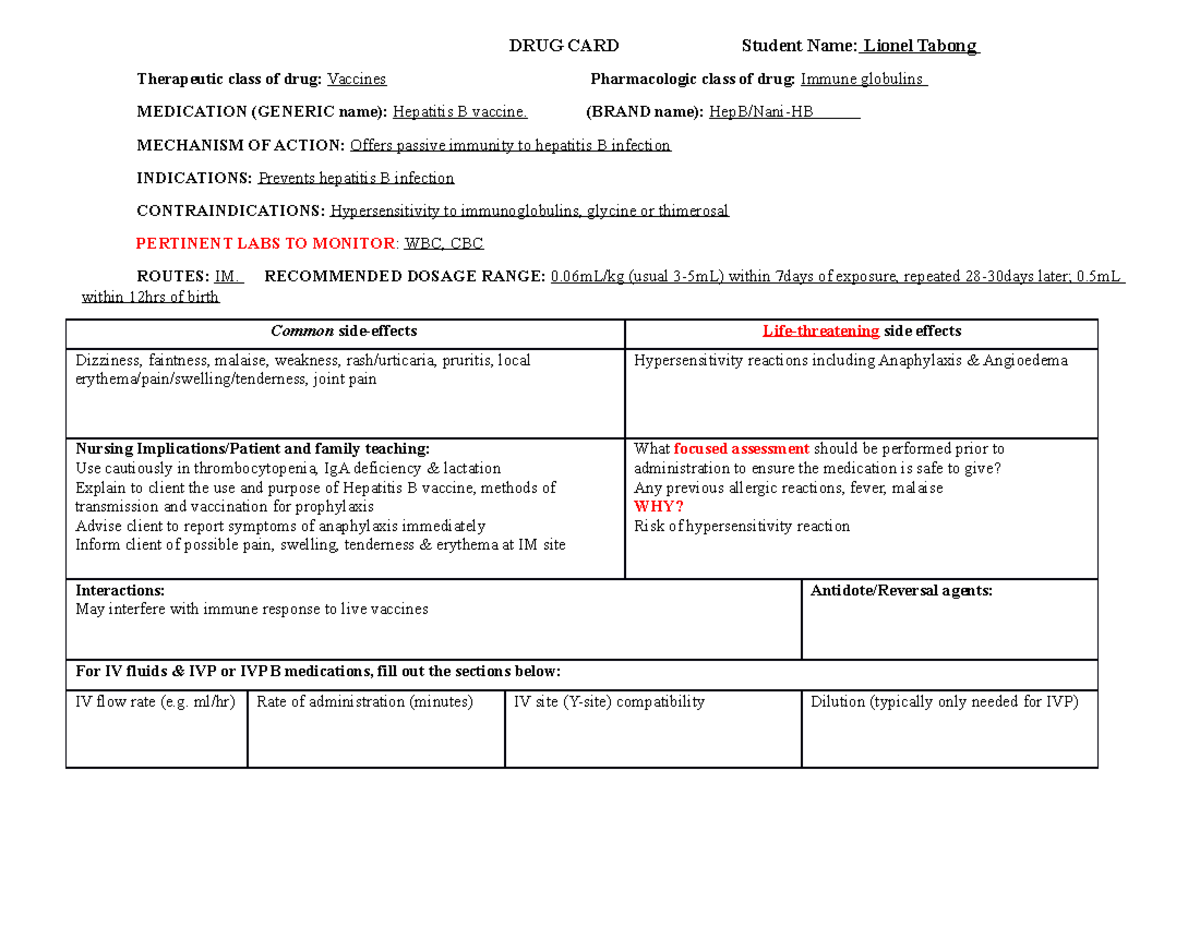 Hepatitis B Vaccine Drug Card: Key Information & Nursing Implications ...