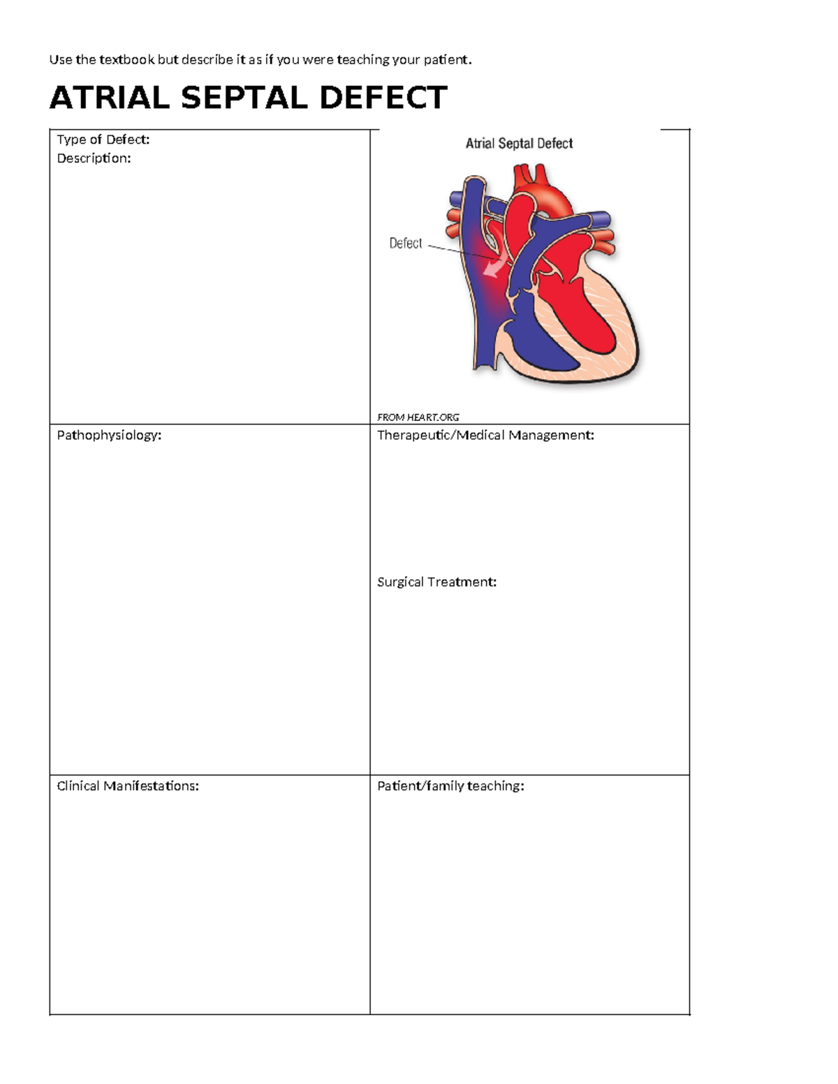 Congenital Heart Defects (CHD) Worksheet for Patient Education - Studocu