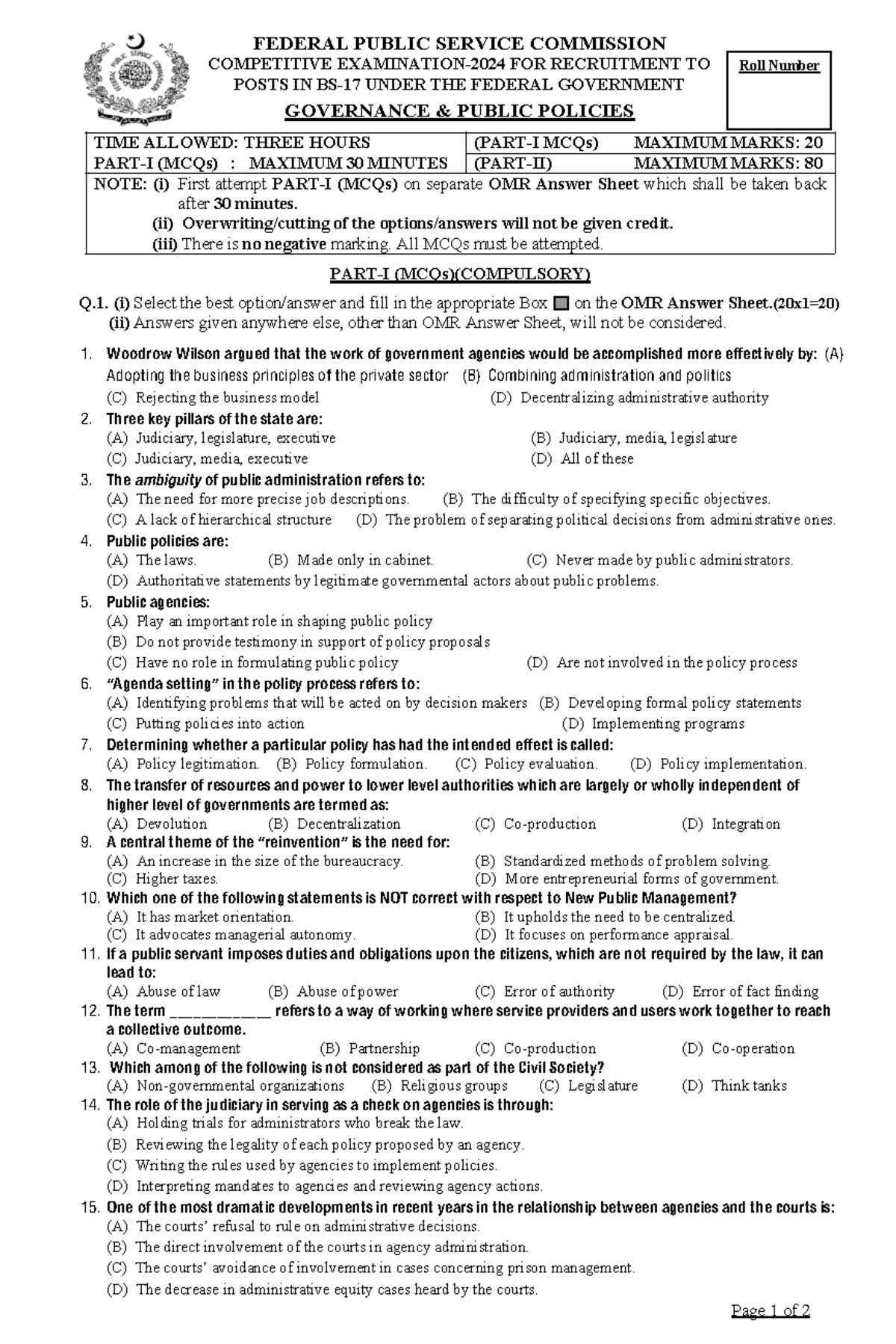 GPP Competitive Exam Past Papers: Governance and Public Policies - Studocu