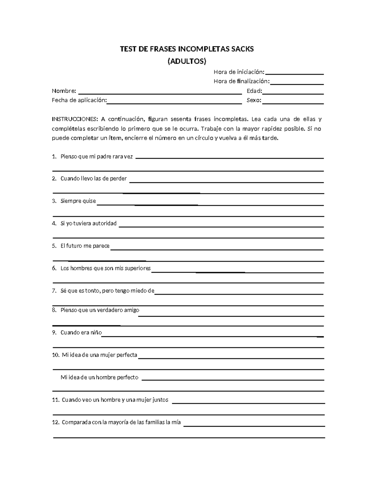 TEST DE FRASES INCOMPLETAS PARA ADULTOS - FORMATO SACKS - Studocu