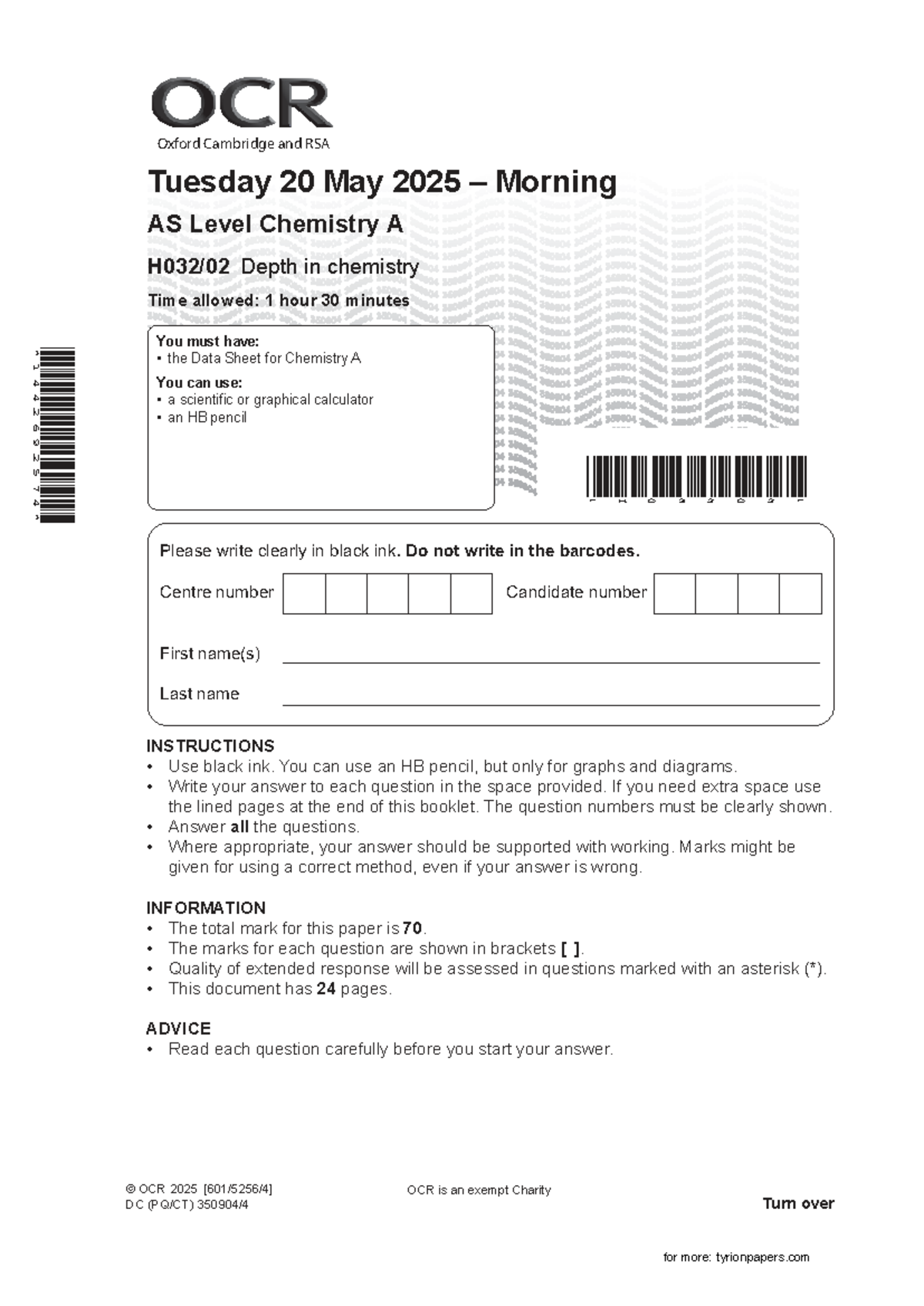 AS Level Chemistry A Exam Paper (H032 02) - June 2025 - Studocu