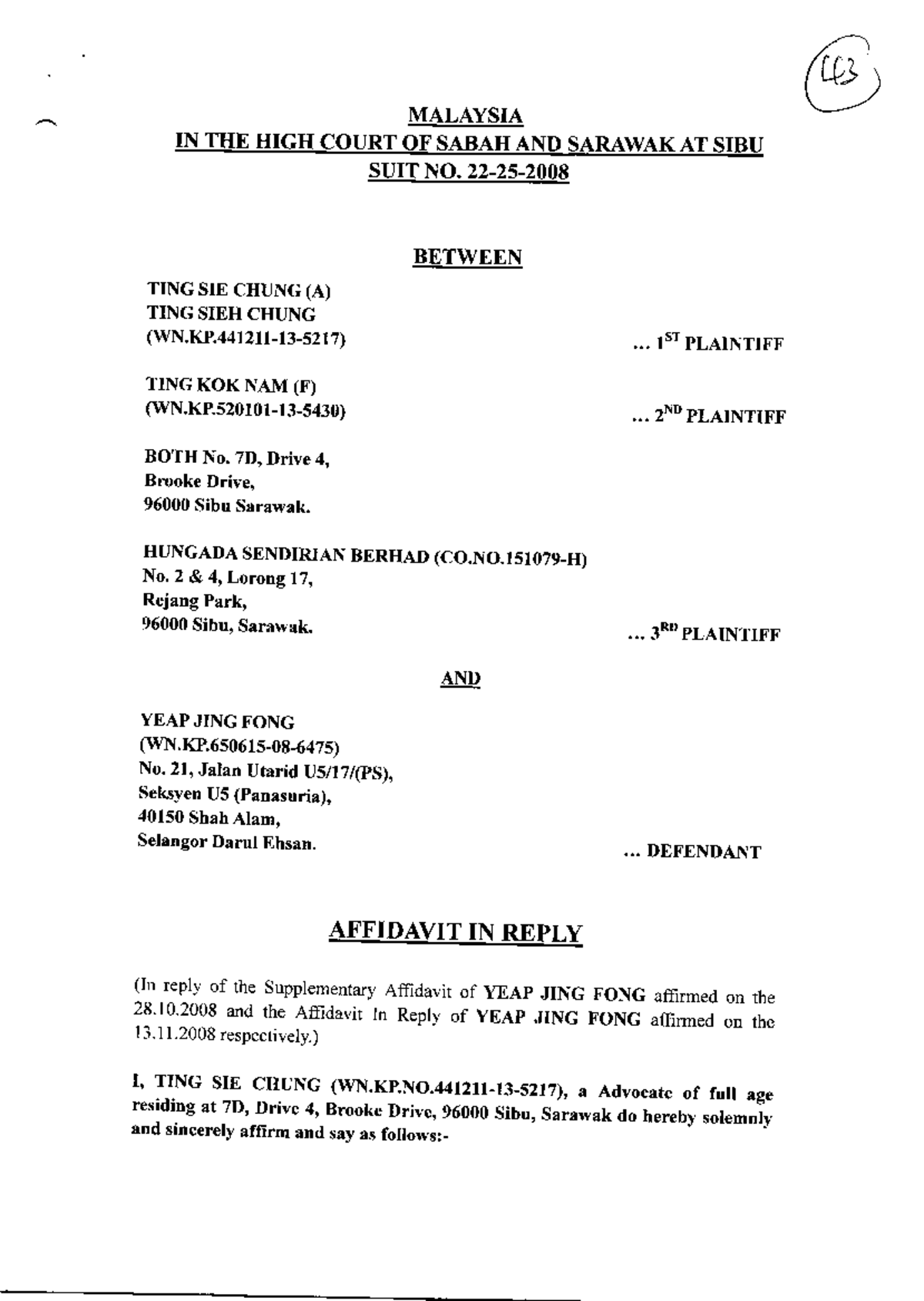Affidavit in Reply (Sample) - MALAYSIA surT No-2s- BETWEEN TING SIE ...