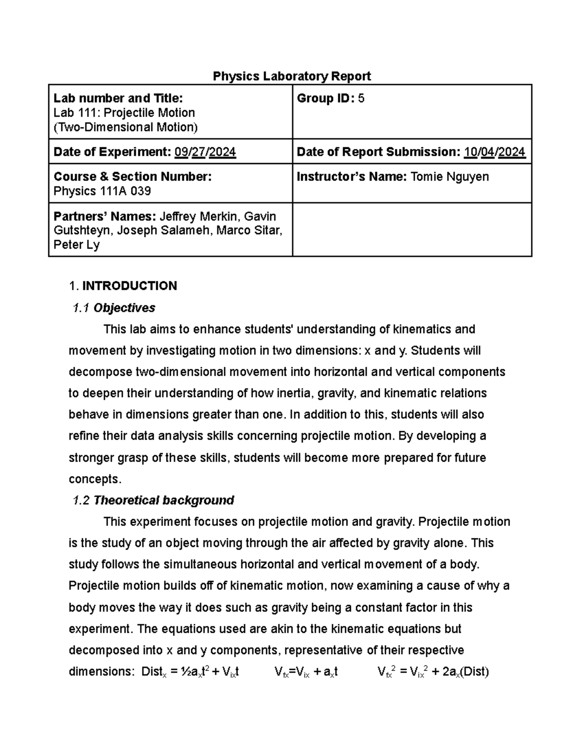 Lab Report: Physics 111A - Lab 111 Projectile Motion Analysis - Studocu