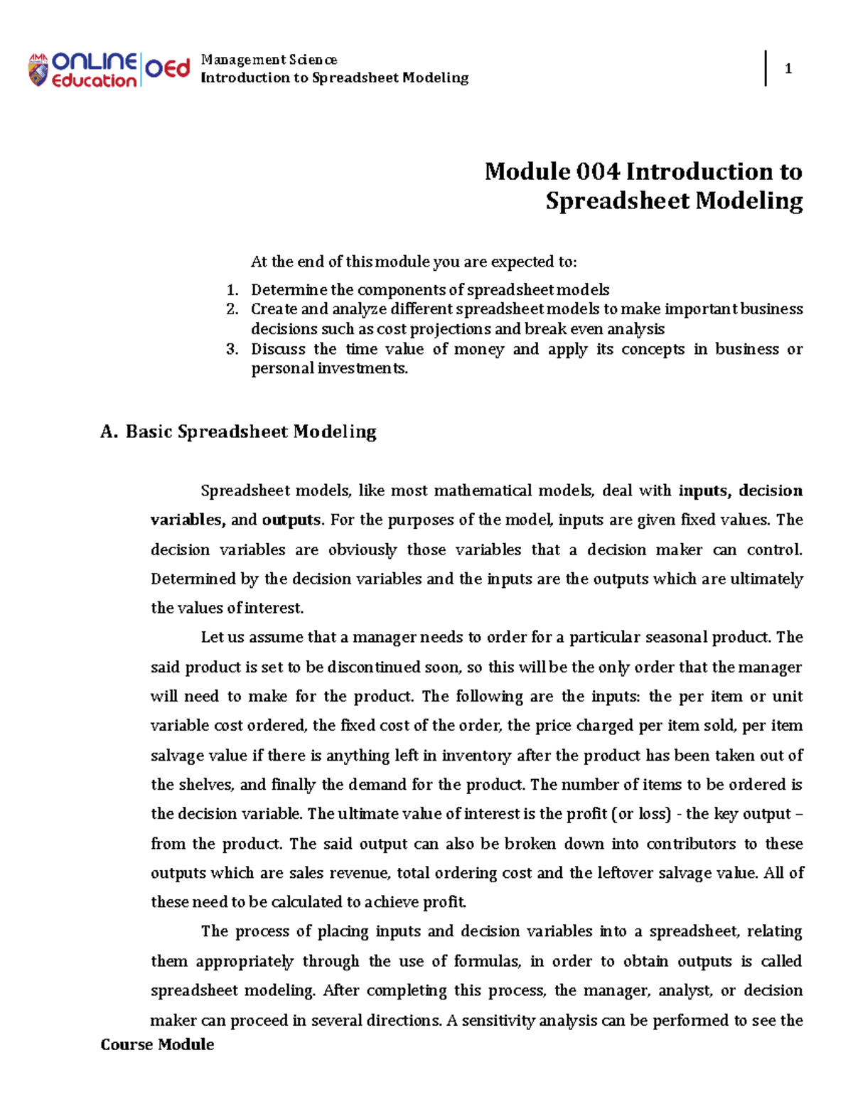 Module 004 - Lecture Notes 1: Introduction to Spreadsheet Modeling ...