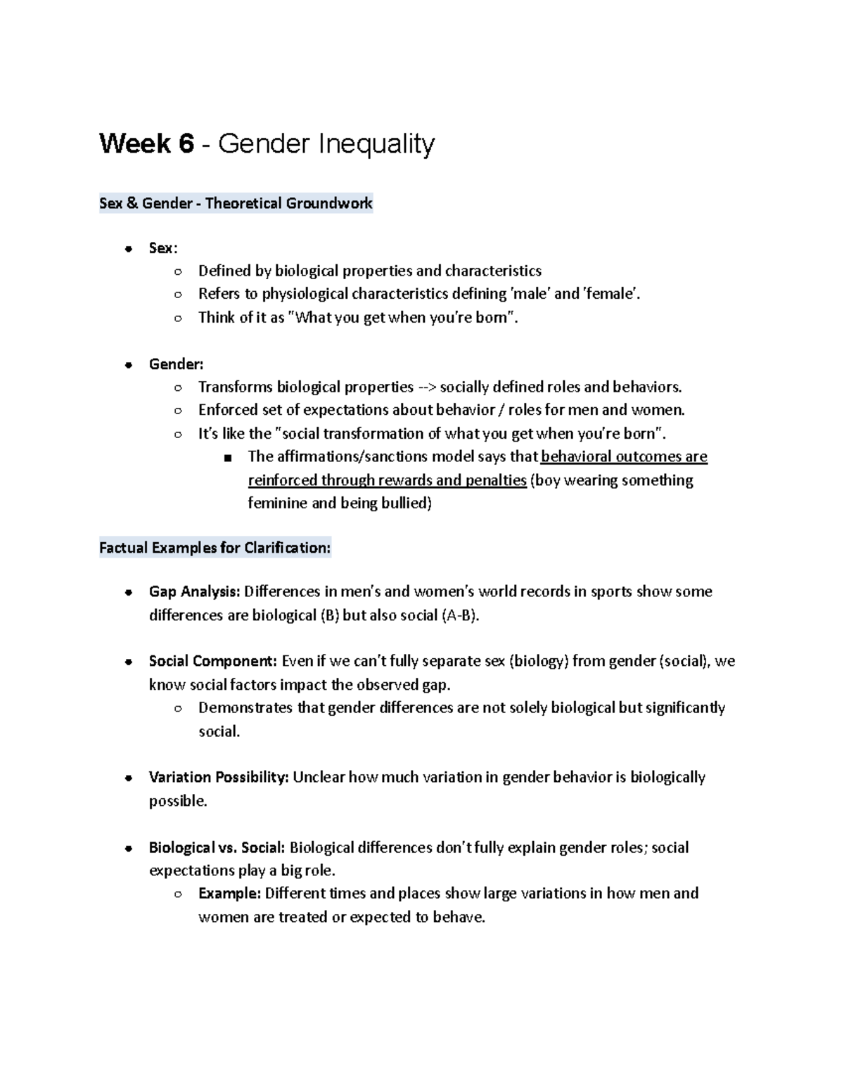 Sociology Final - Week 6 - Gender Inequality Sex & Gender - Theoretical ...