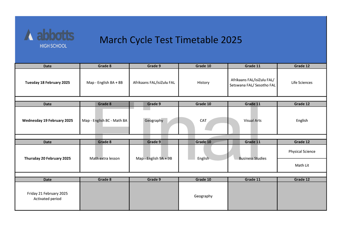 March Cycle Test Timetable 2025 for Grades 8 to 12 - Studocu
