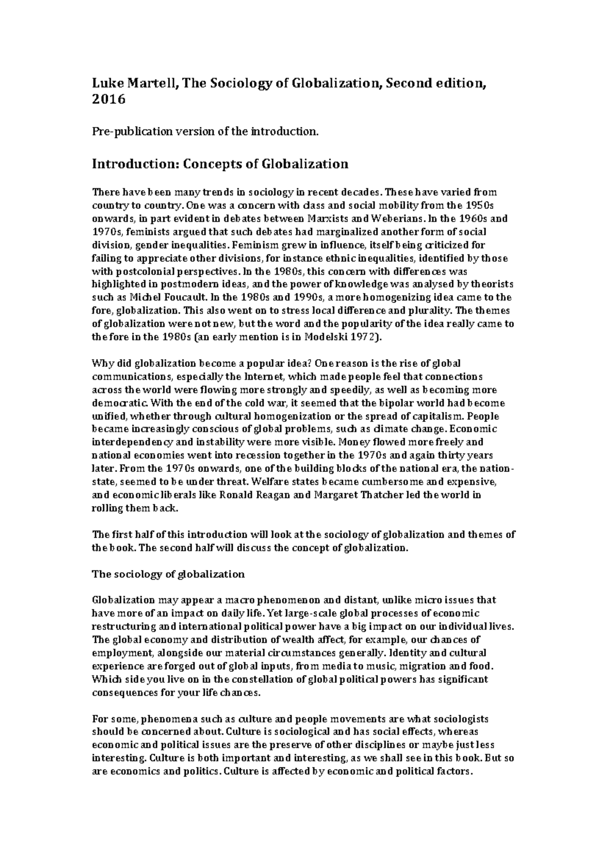 Globalisation book intro 2016 - Luke Martell, The Sociology of ...