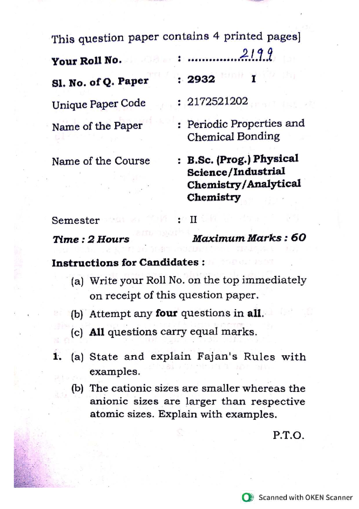 B.Sc. (Prog.) Physical Chemistry II Sem: Periodic Properties & Bonding ...