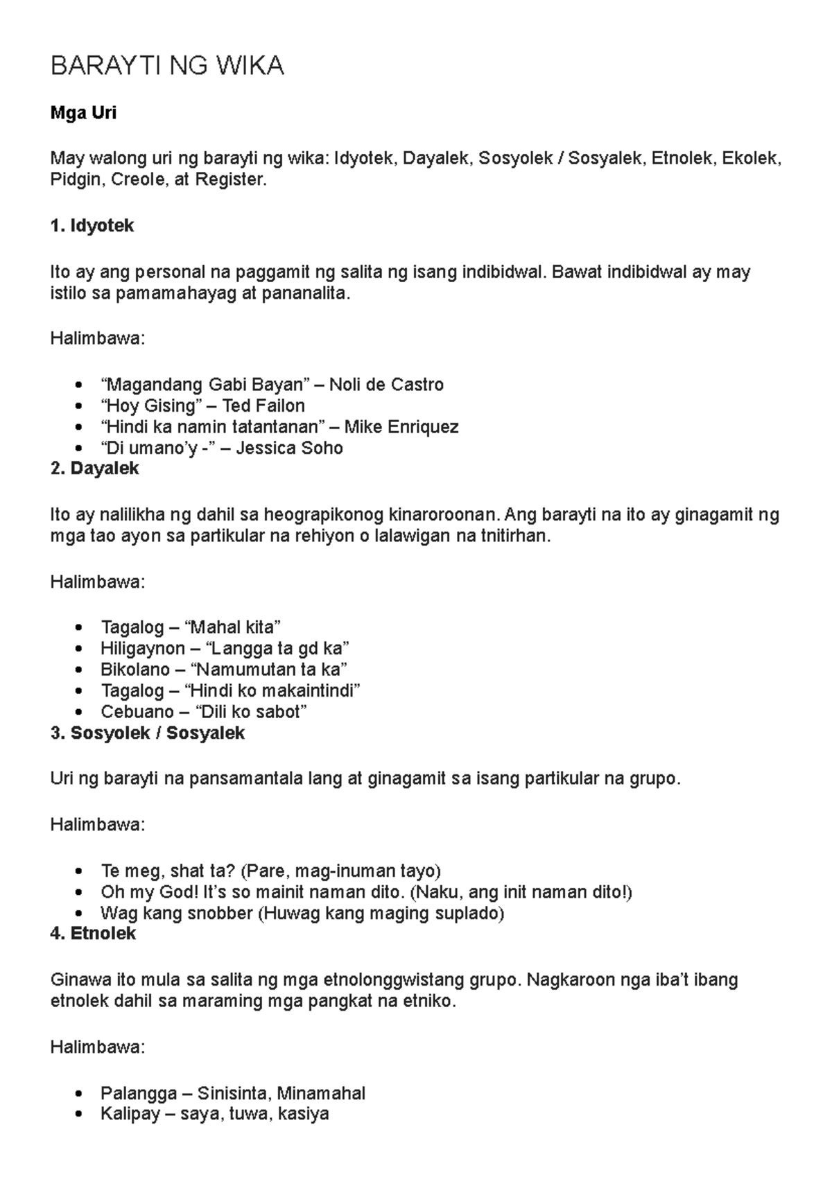 Barayti ng Wika - Mga Uri at Halimbawa (WIKA-2) - Studocu