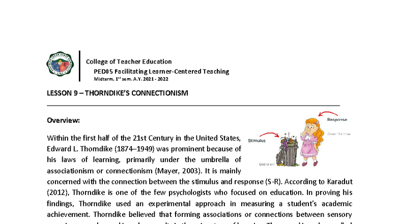 PED05 Facilitating Teaching Midterm: Lesson 9 on Thorndike's ...