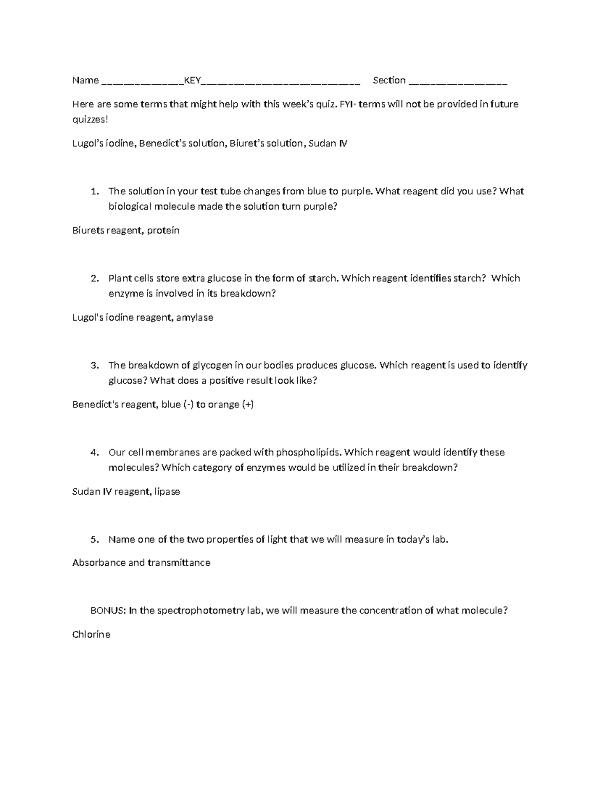 Quiz Study Guide: Key Terms & Reagents for Bio Molecules - Studocu
