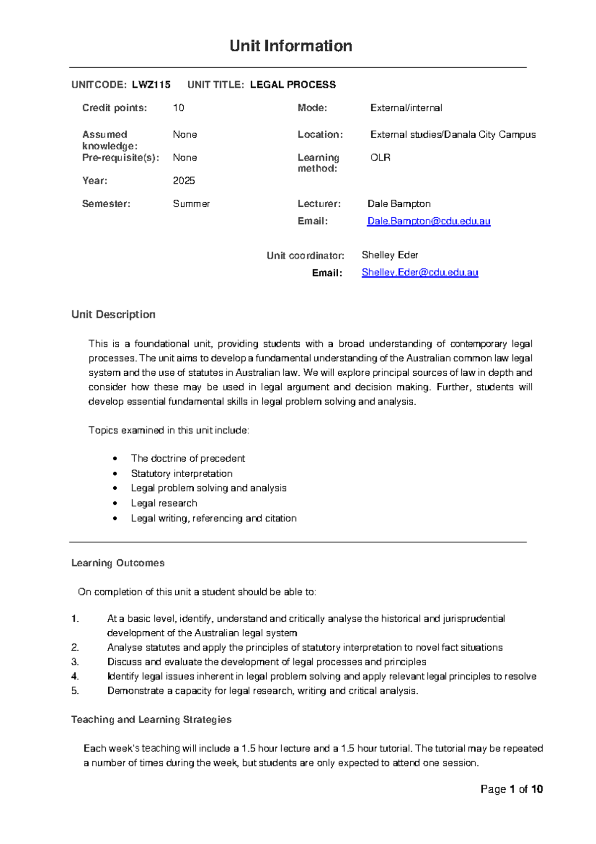 LWZ115 Legal Process Unit Overview and Assessment Guide - Summer 2025 ...