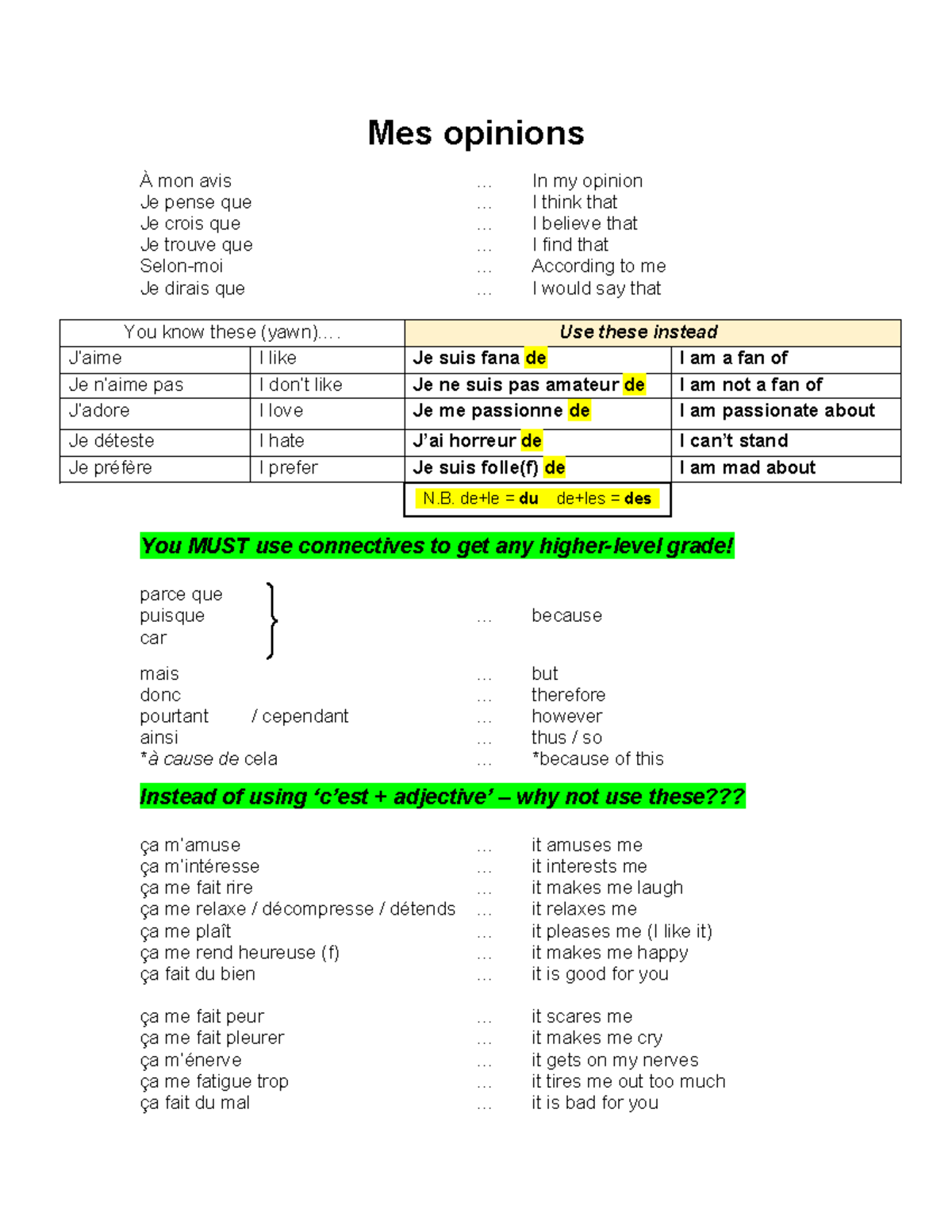 GCSE French: Expressing Opinions and Connectives - Studocu