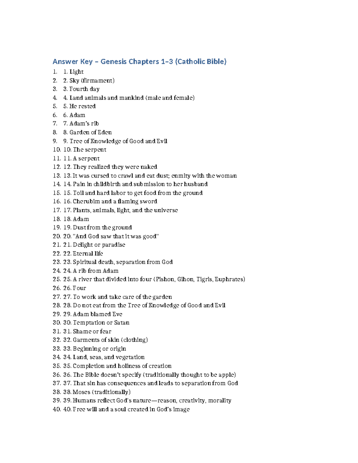 Genesis 1-3 Answer Key: Key Themes and Concepts (Catholic Bible) - Studocu