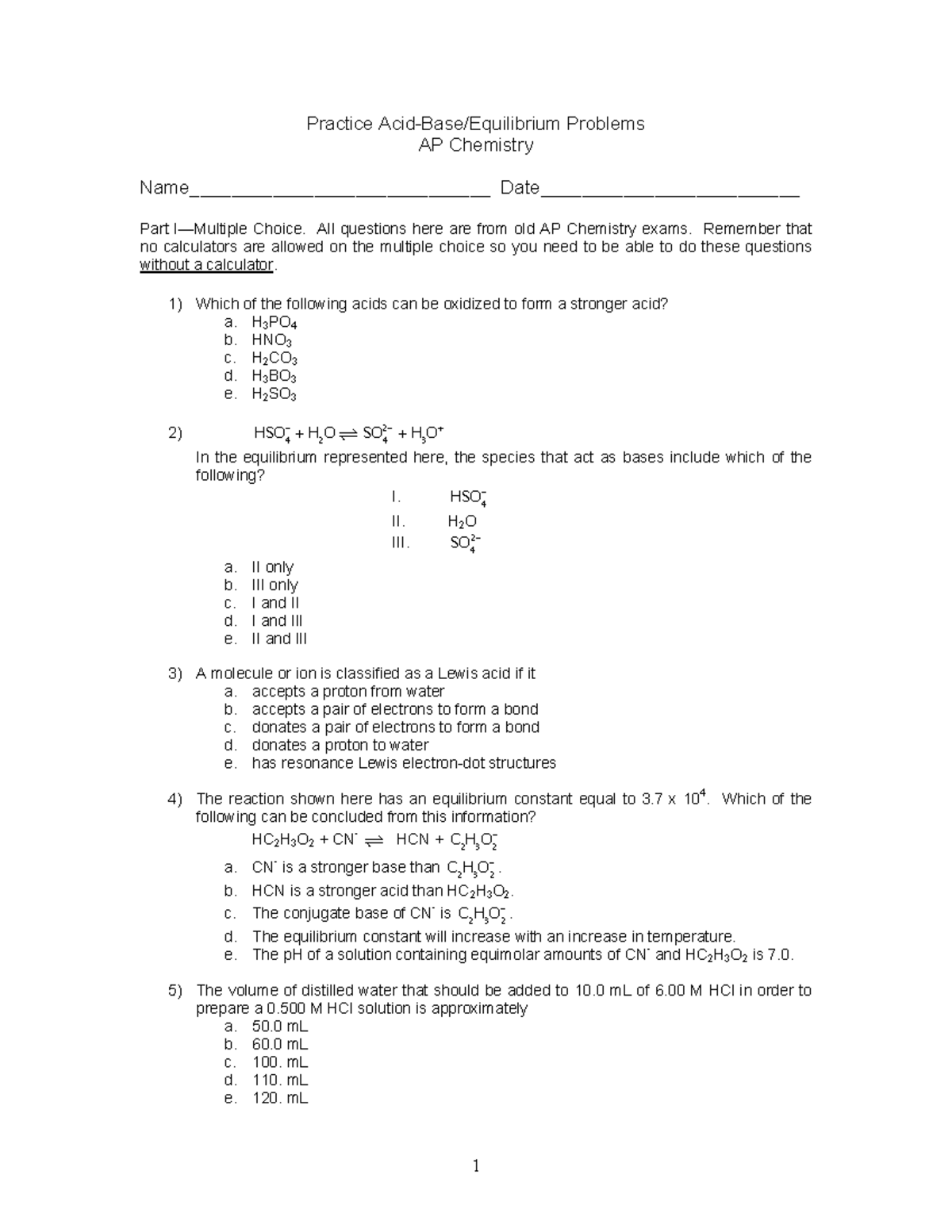 Practice problems for AP Chemistry: Acid-base equilibrium - Studocu