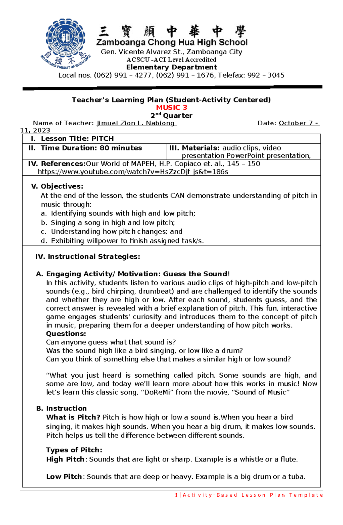 MUSIC 3 Lesson Plan: Understanding Pitch - Week 3 Activities and ...