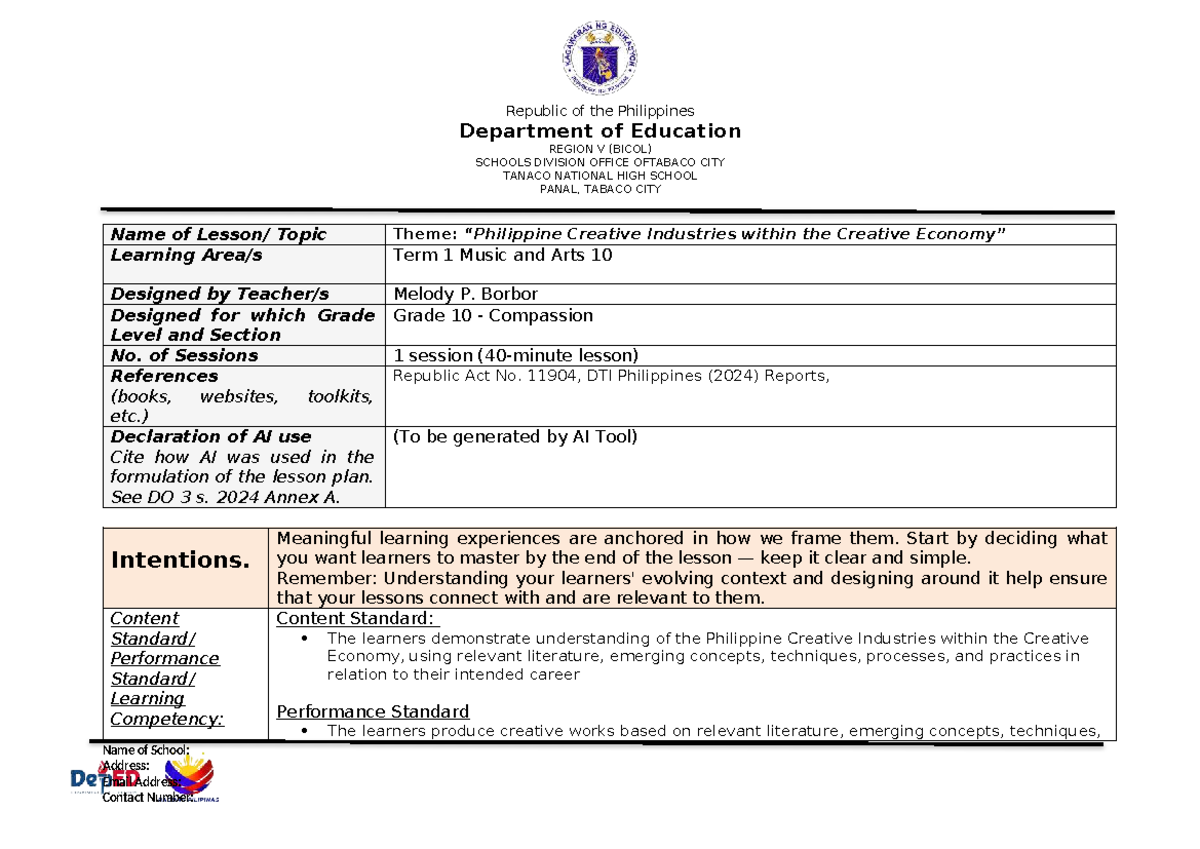 Daily LP ILAW Template: Grade 10 Music & Arts Lesson Plan Guide - Studocu