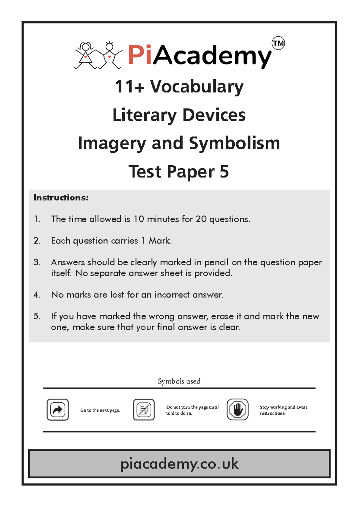 11 Plus Vocabulary Literary Devices: Imagery & Symbolism Test Paper 5 ...