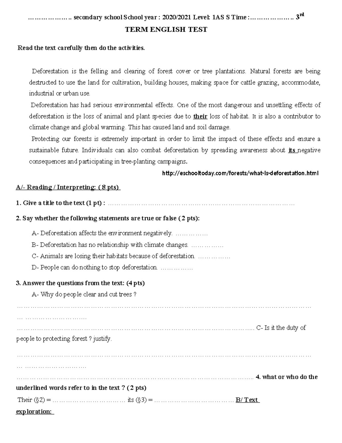 1AS S 3rd TERM ENGLISH TEST: Deforestation Impact & Awareness ...