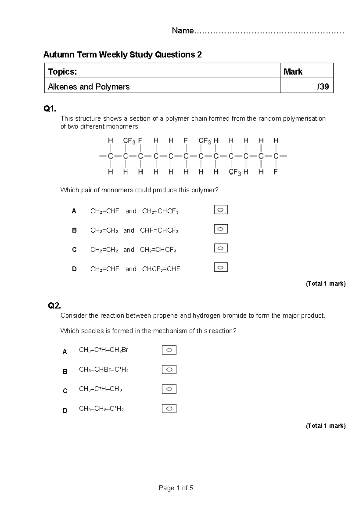 Alkenes & Polymers Study Questions - Autumn Term Q2A - Studocu