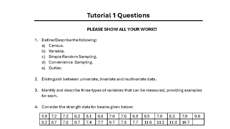 Tutorial 1 Semester 2 Questions: Data Analysis & Statistics - Studocu