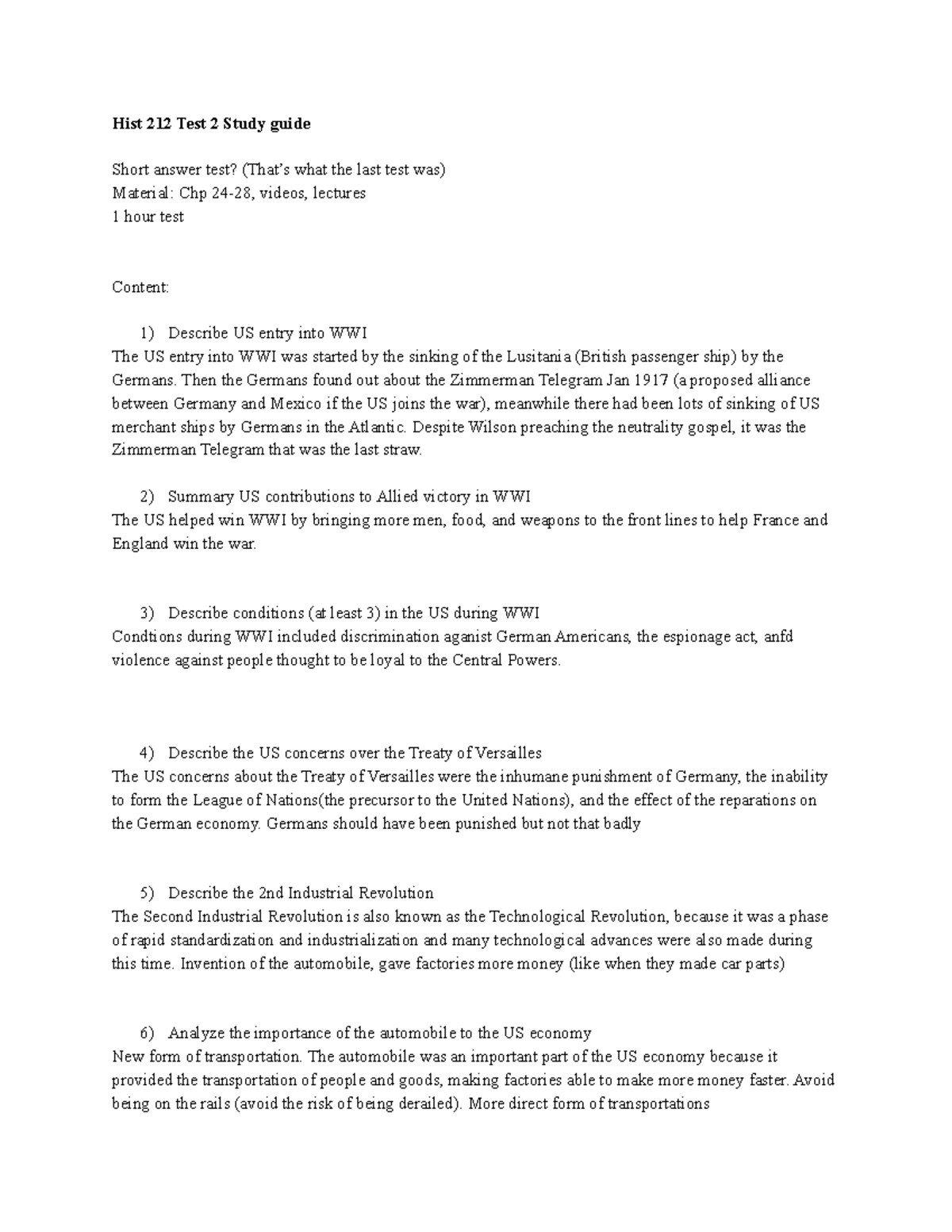 Hist 212 Test 2 Study Guide: US Involvement in WWI & Its Aftermath ...