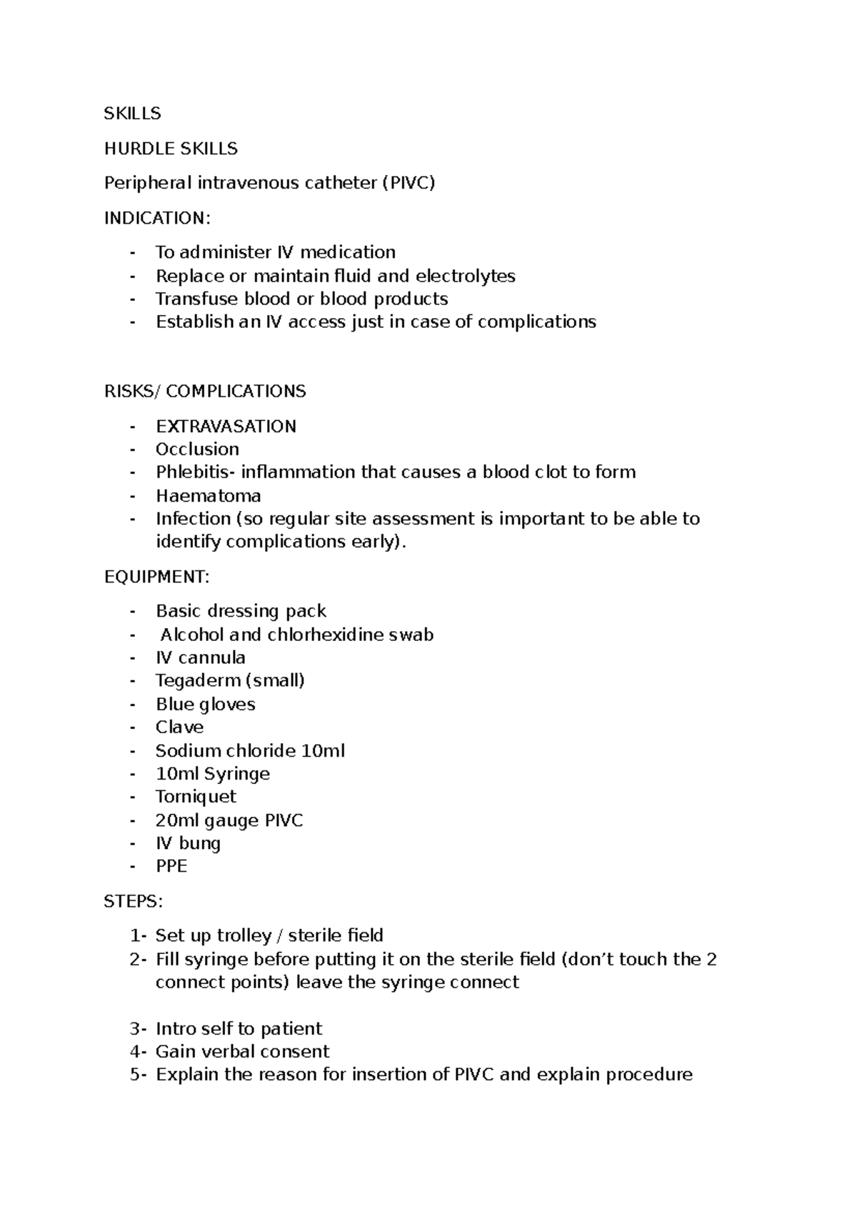PIVC Skills: Indications, Complications, and Procedure Guide - Studocu