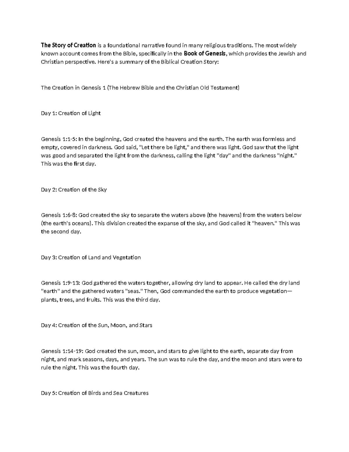 The Creation Story in Genesis: Study Notes for Religious Studies - Studocu