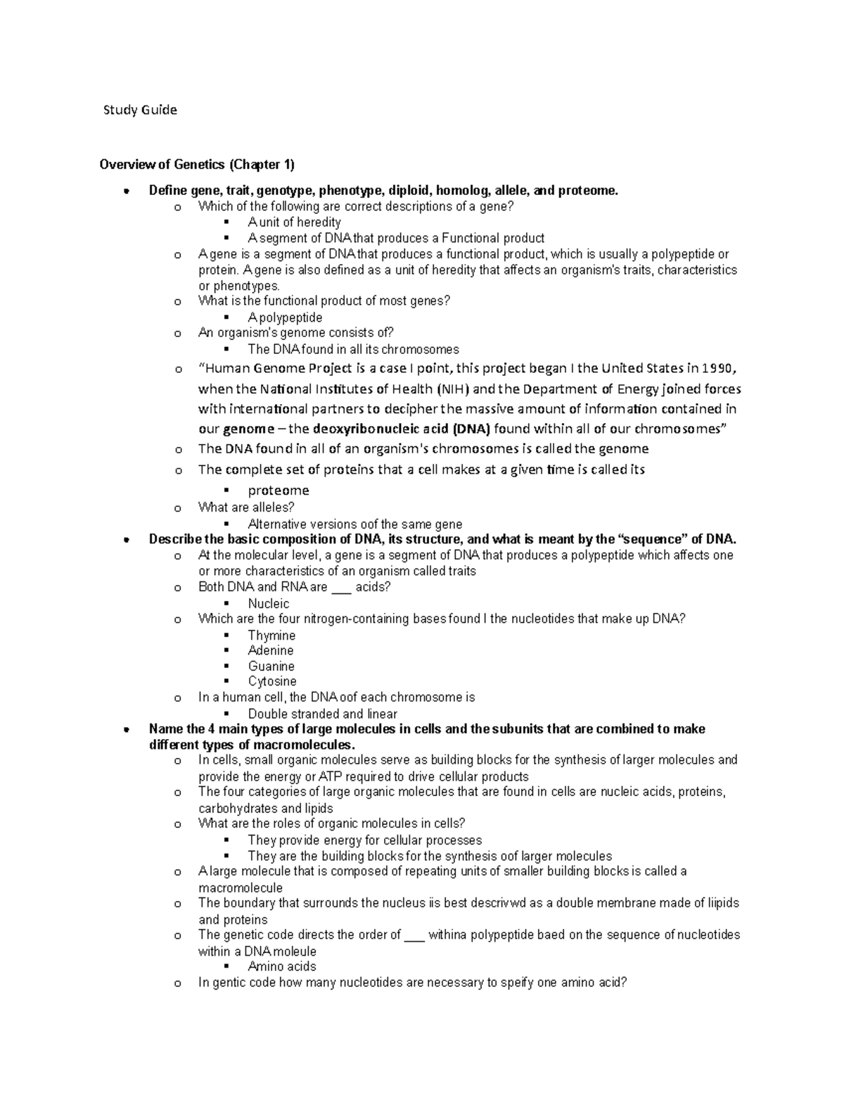 Document 38 - Exam 1 Study Guide - Study Guide Overview of Genetics ...