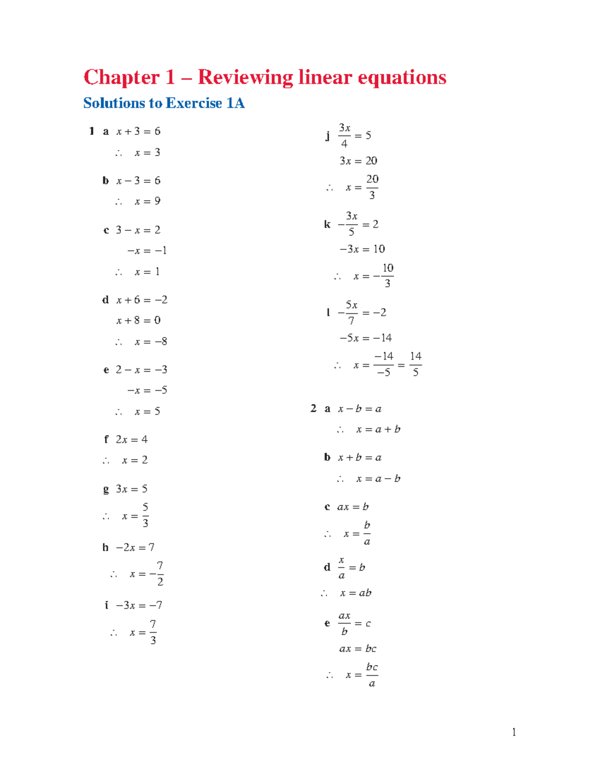 Chapter 1 – Worked Solutions for Linear Equations Exercises - Studocu