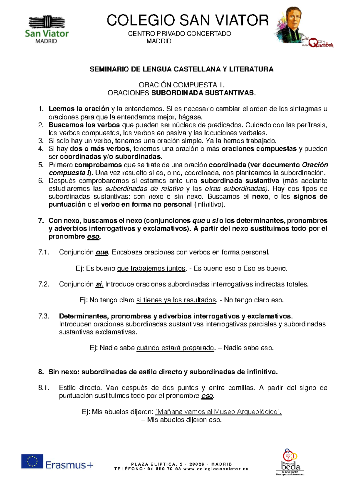 COLEGIO SAN VIATOR - SEMINARIO LENGUA CASTELLANA: ORACIONES ...