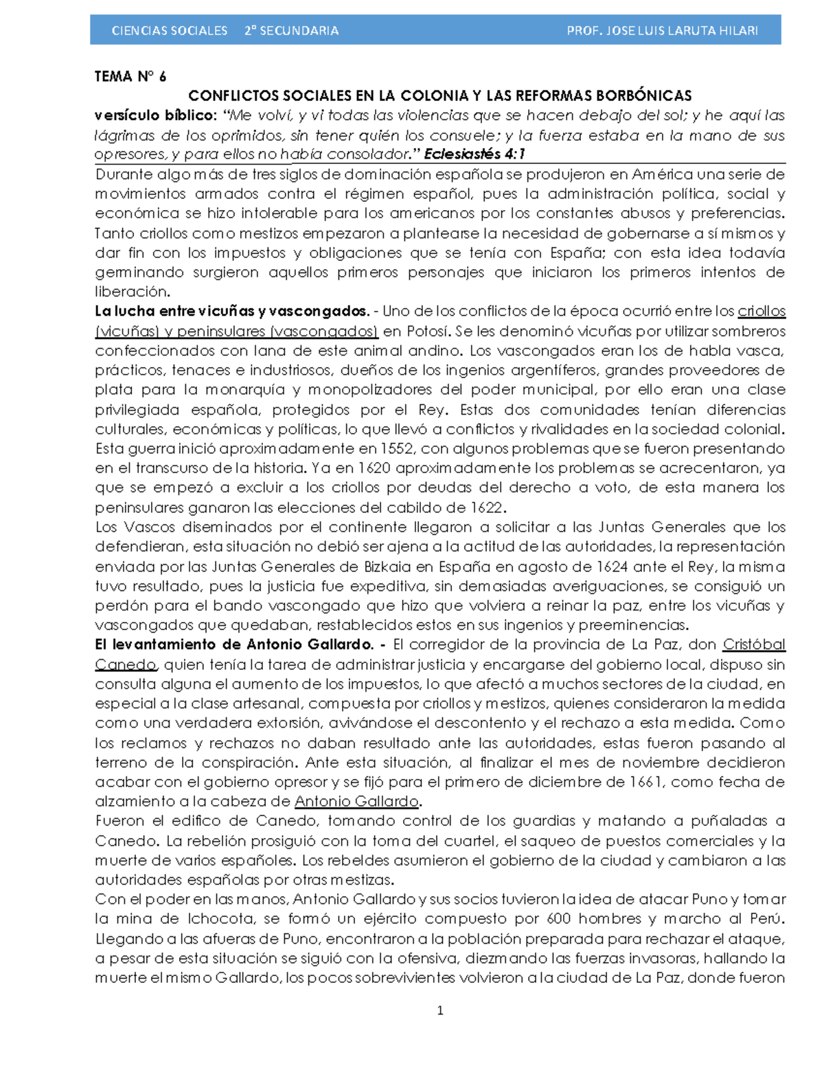 CIENCIAS SOCIALES SECUNDARIA T6: Conflictos Sociales en la Colonia ...